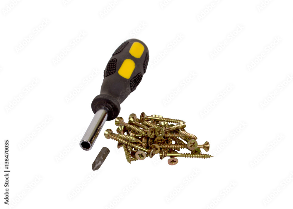 screws golden and screwdriver on a white background, for mounting tools ...