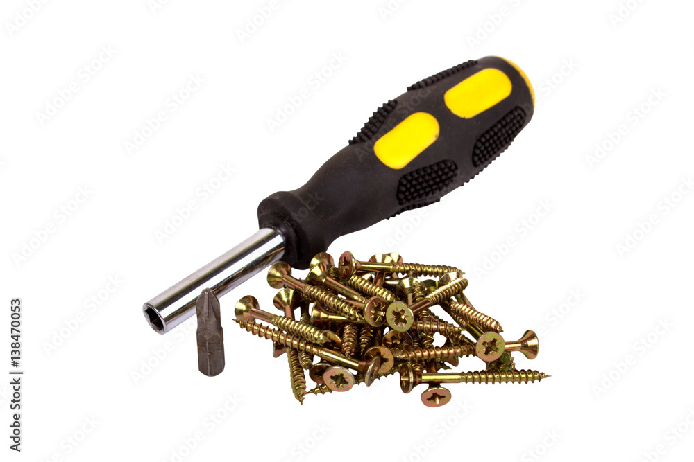 golden screws and screwdriver on a white background, for mounting tools ...