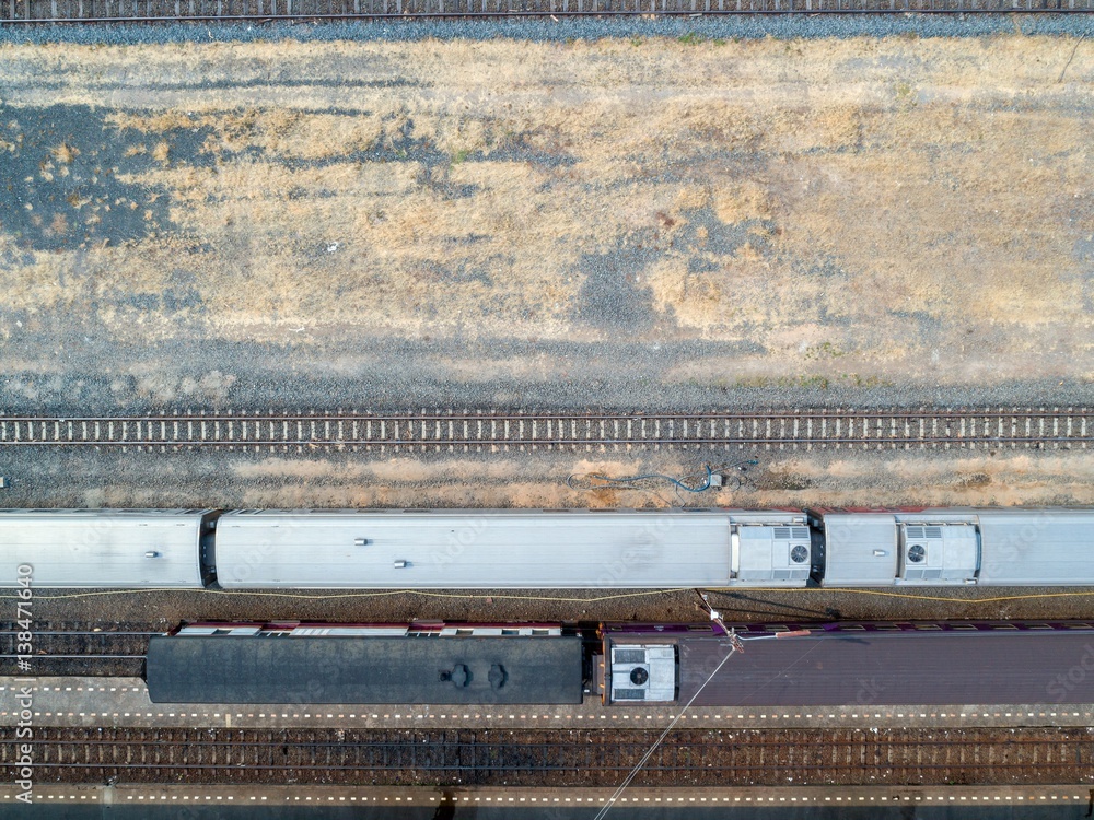 Aerial view of goods train and railway track - Diesel Engine train. Top ...
