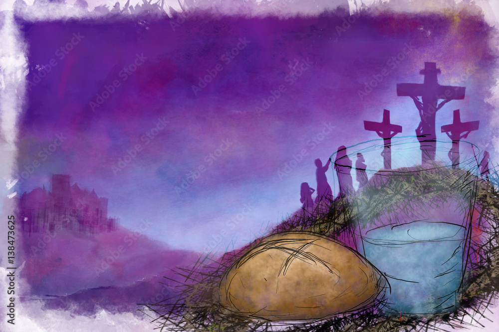 Fasting symbols of bread and water with Crucifixion of Jesus Christ on ...