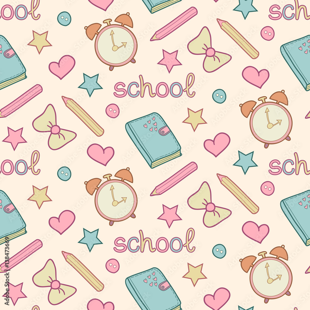 Vector cute school seamless pattern with diary, alarm clock, colored ...