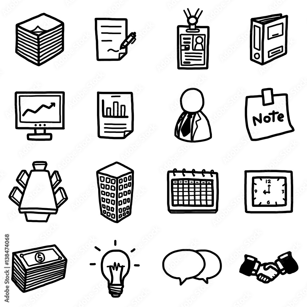 office or business objects, icons set / cartoon vector and illustration ...