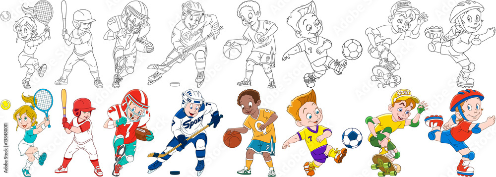 Cartoon sportive children set. Sport collection. Boys and girls playing ...
