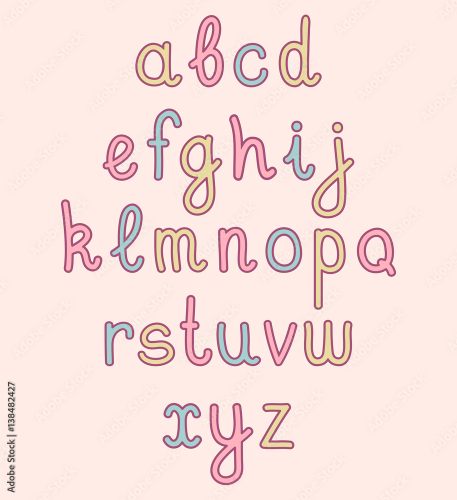Cute vector doodle alphabet with color letters. School background ...