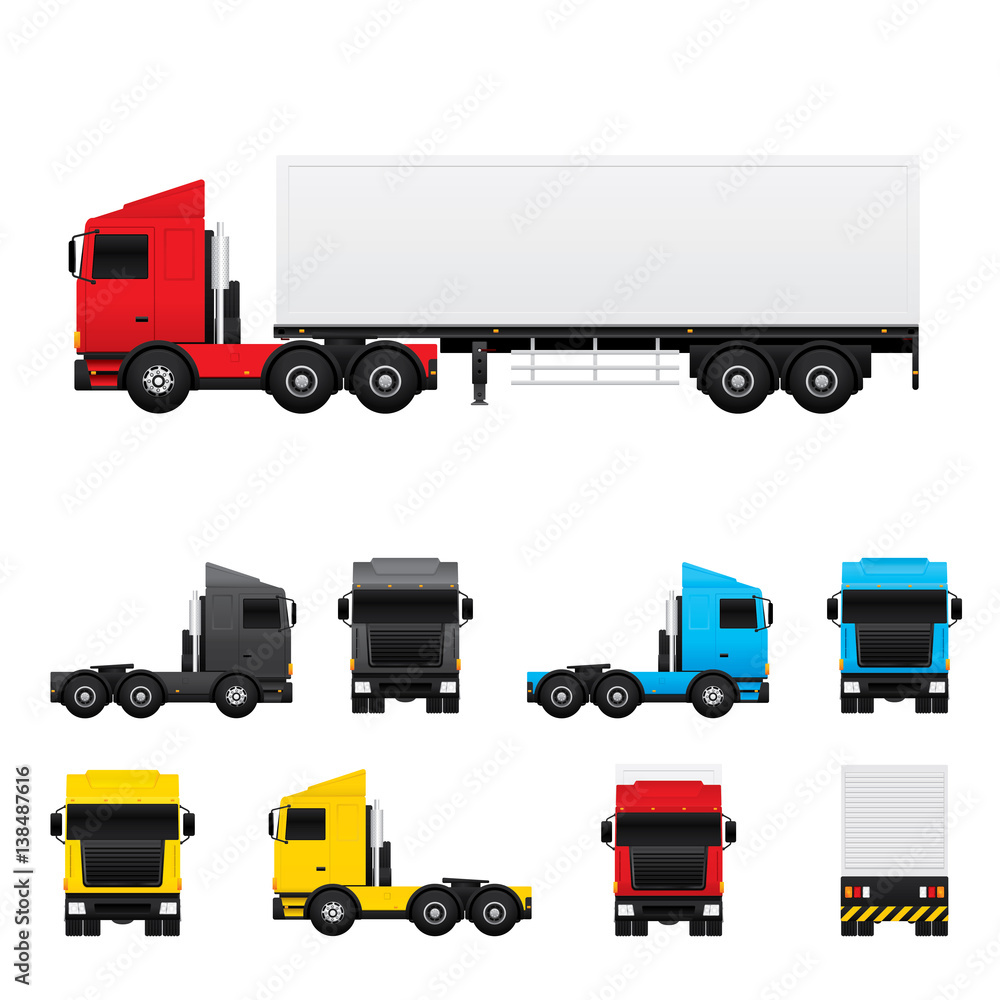 Vector of truck trailer with containers in different views isolated on ...