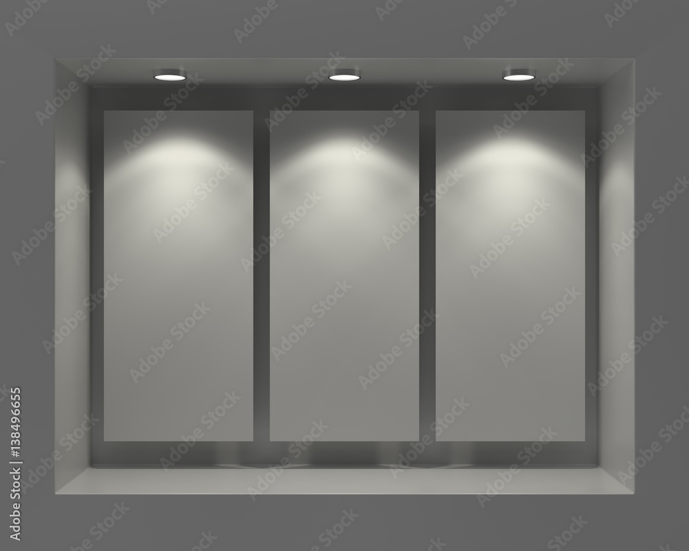 Blank white posters in showcase window in the darkness, 3D Rendering ...