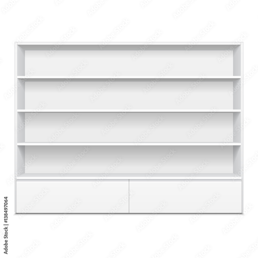 Blank Empty Showcase Display With Retail Shelves. 3D. Front View. Mock ...