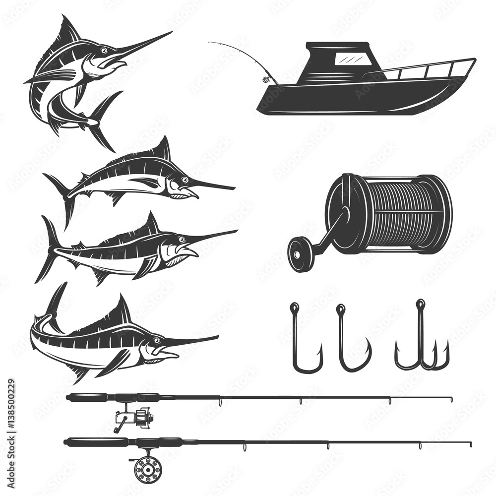Deep sea design elements isolated on white background. Sword fish icons ...