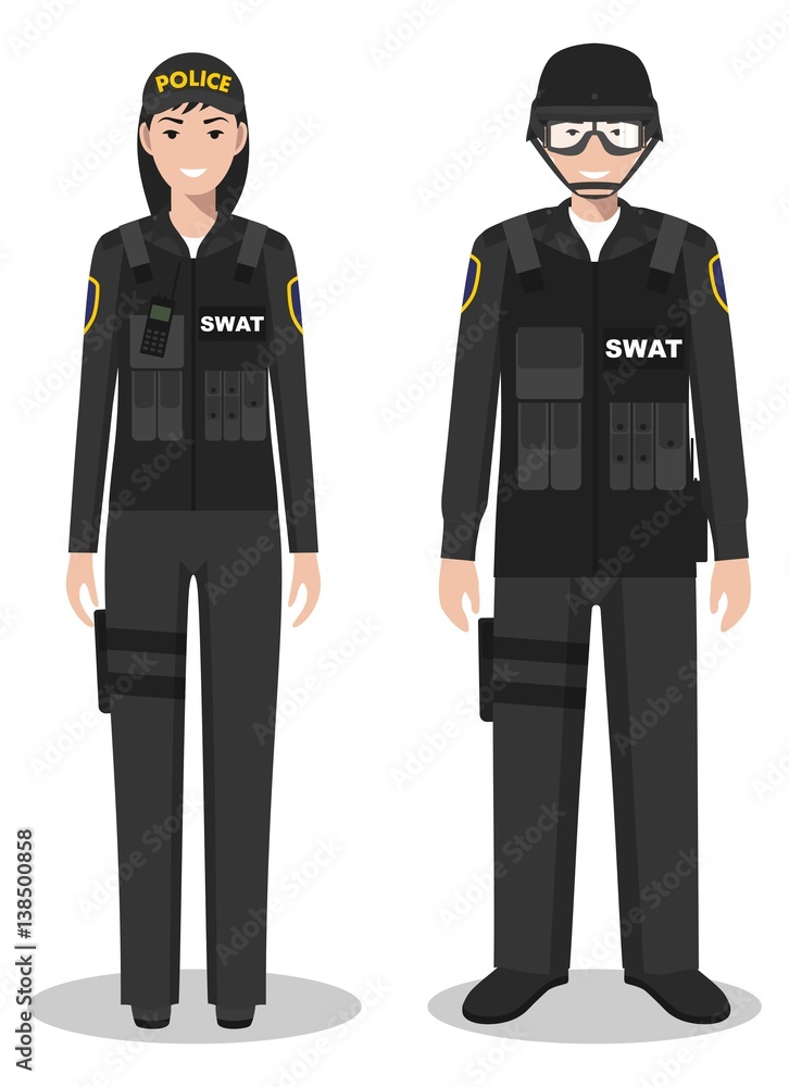 Couple of SWAT officer, policeman and policewoman standing together on ...
