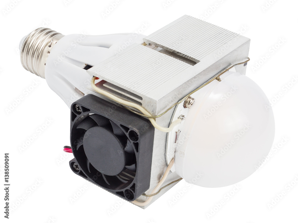 Diy led lamp with huge heatsink and active cooling fan on it. Ugly and ...