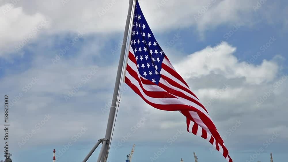 American flag of USS Missouri BB-63 warship at Pearl Harbor base in ...
