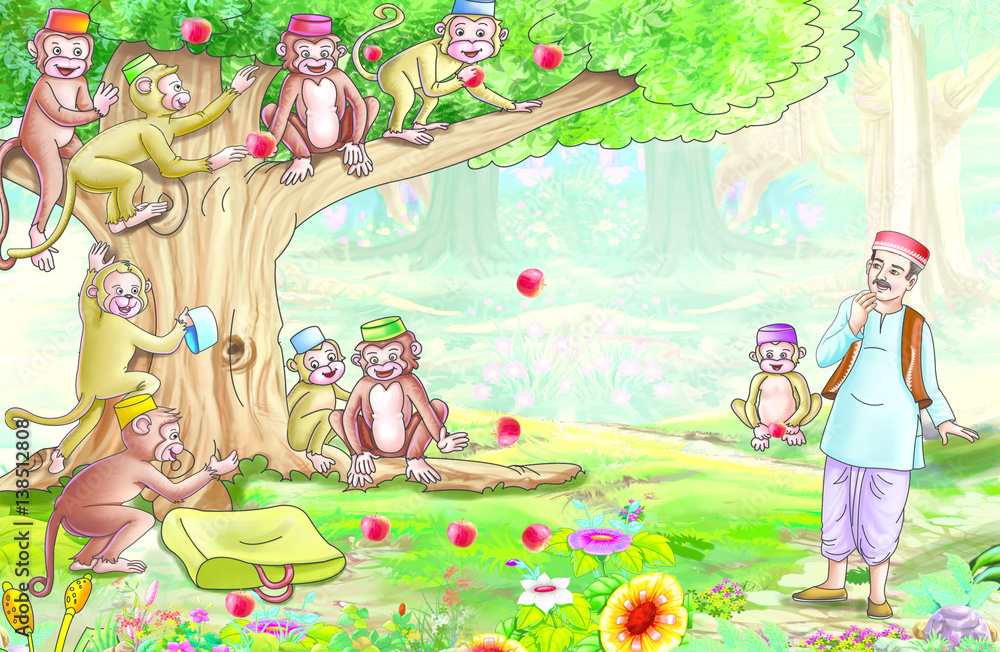 Cap seller and the monkeys Stock Illustration | Adobe Stock