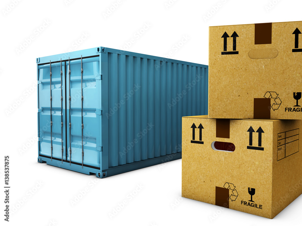 Cardboard boxes with container isolated over white background, 3d ...