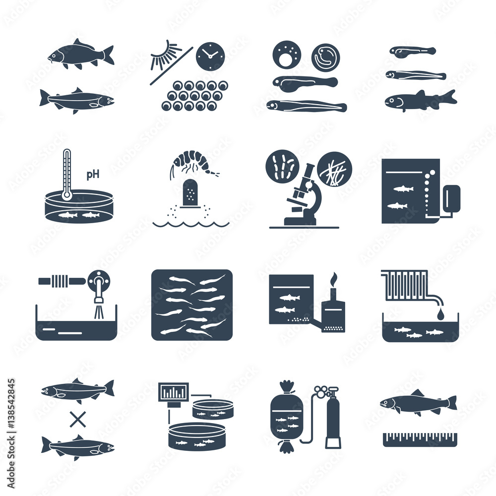 Photo set of black icons aquaculture production process, fish farming ...