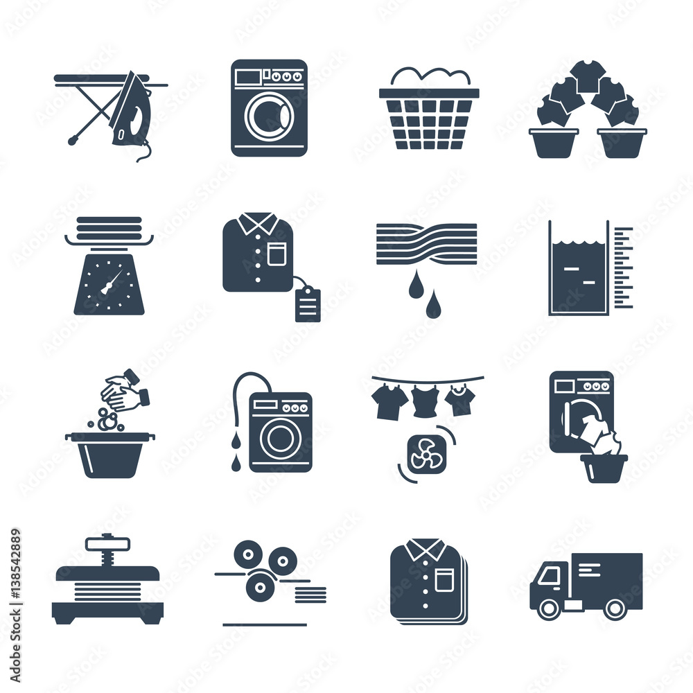 set of black icons laundry service production process Stock Vector ...