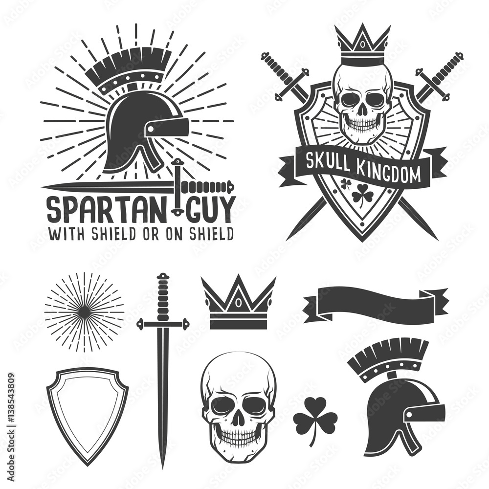 Retro hipster tattoo emblem. Spartan helmet, a dagger and a sunburst ...