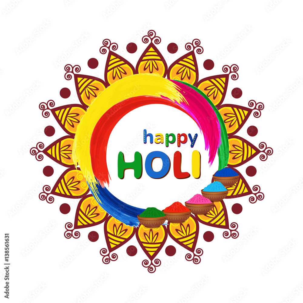 Happy Holi vector greeting card with mandala, traditional colorful ...