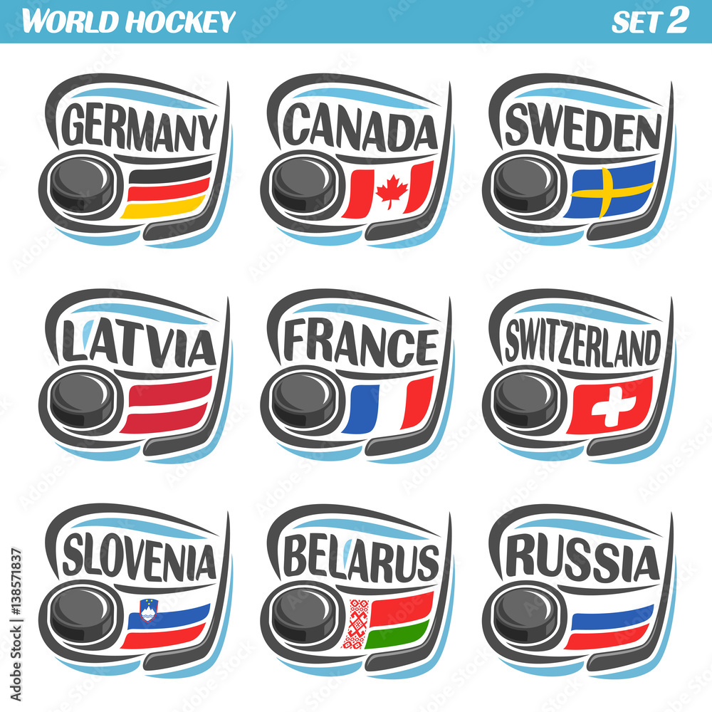 Vector set Flags of European Countries with Ice Hockey Puck: Logo ...