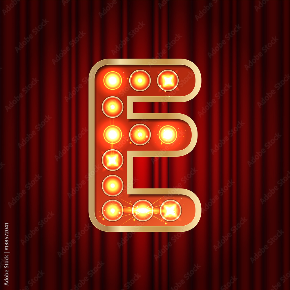 Realistic retro gold lamp bulb font letter E. Part of alphabet in ...