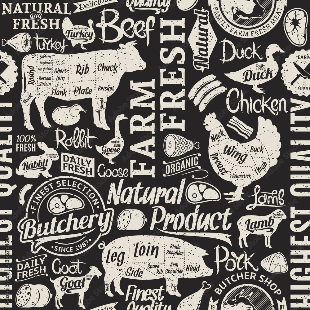 Retro styled typographic vector butchery seamless pattern or background ...