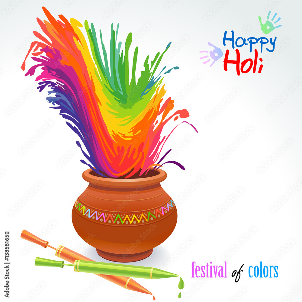 Splash of holi colors from a clay pot and squirt guns. Vector ...