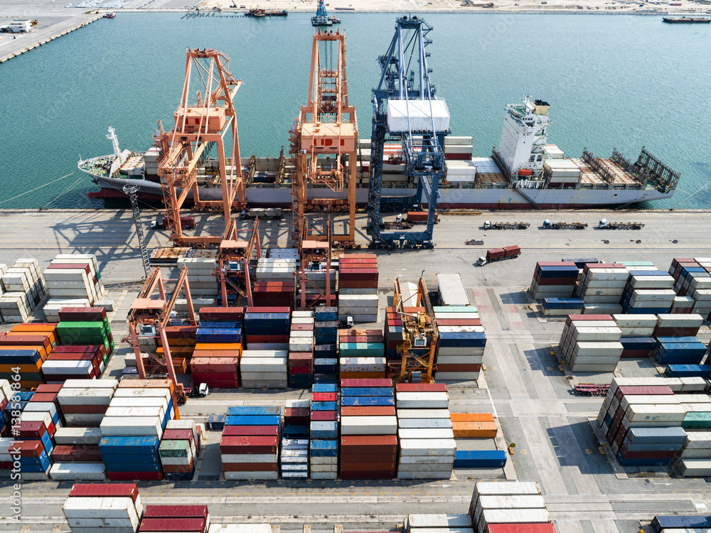 commercial container vessel in operation of loading and discharging ...