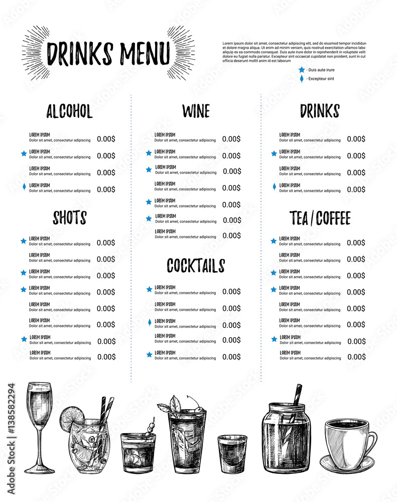 Hand drawn vector illustration - Bar menu. Template of Restaurant menu ...