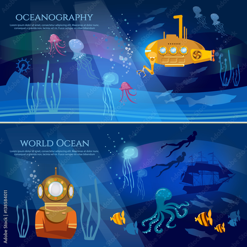 Vecteur Stock Yellow submarine underwater with periscope. Sea ...