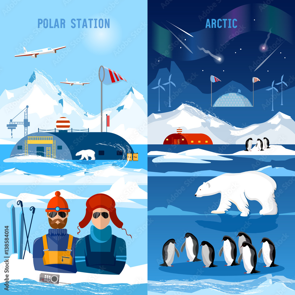 Travel to Antarctica banners. Scientific station on North Pole. Arctic ...