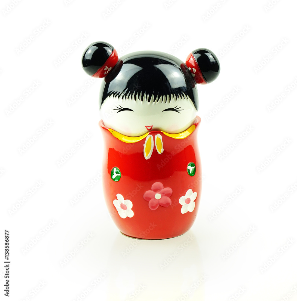 Japanese red doll in red kimono isolated on white background. Stock ...