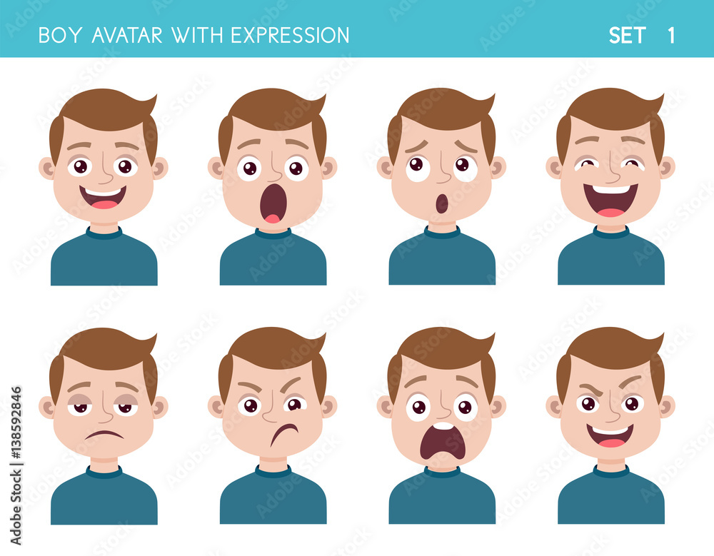 Set of kid facial emotions. Boy cartoon style character with different ...