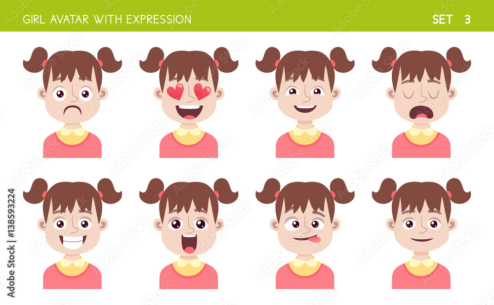 Set of kid facial emotions. Girl cartoon style character with different ...