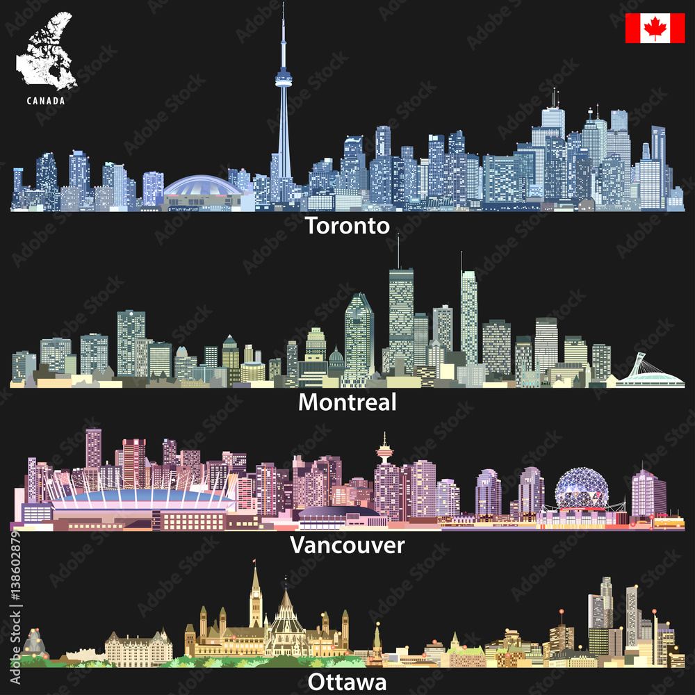 Toronto, Montreal, Vancouver and Ottawa skylines in different color ...
