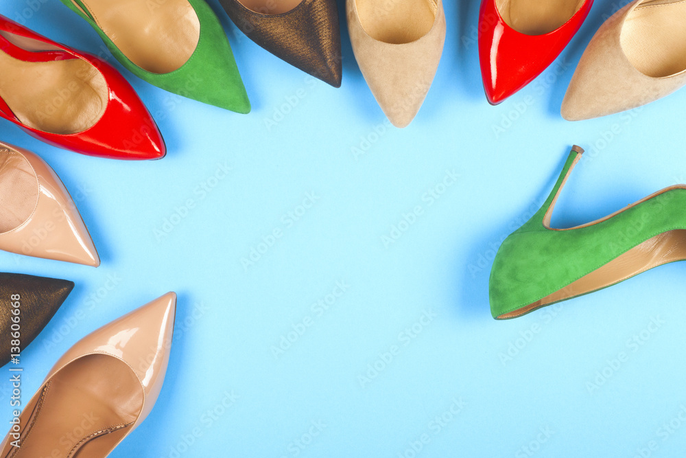 different shoes on light background. Copy space for text. Stock-Foto ...