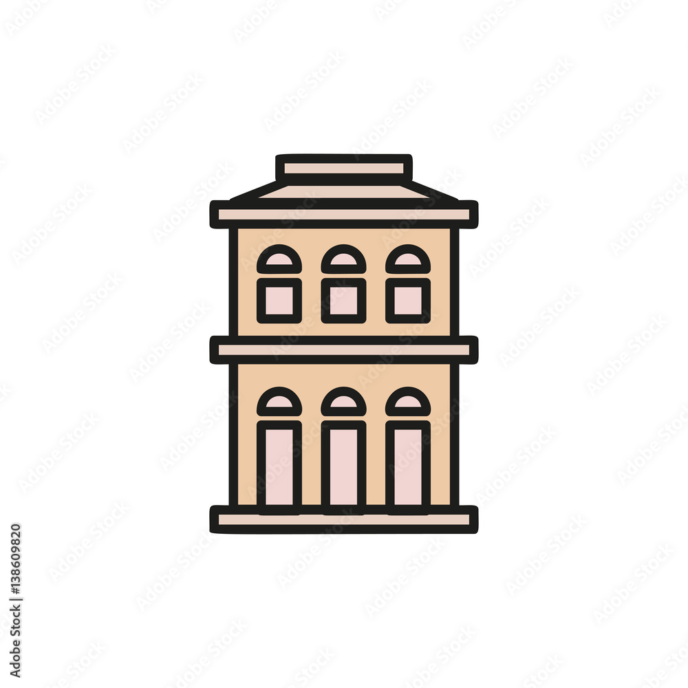 Isolated pink color low-rise municipal house in lineart style icon ...
