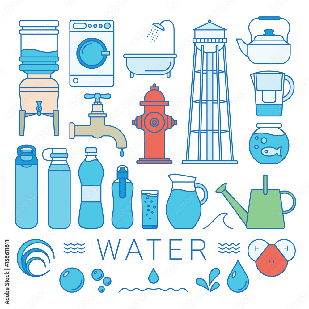 Color Water Elements Set In Thin Line Style. Vector Illustration With ...