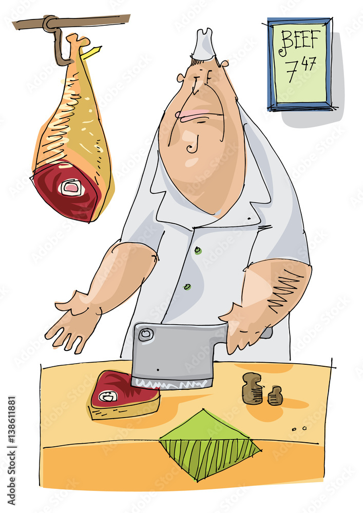 A butcher cuts meat. Butcher's shop. Cartoon. Character Stock Vector ...