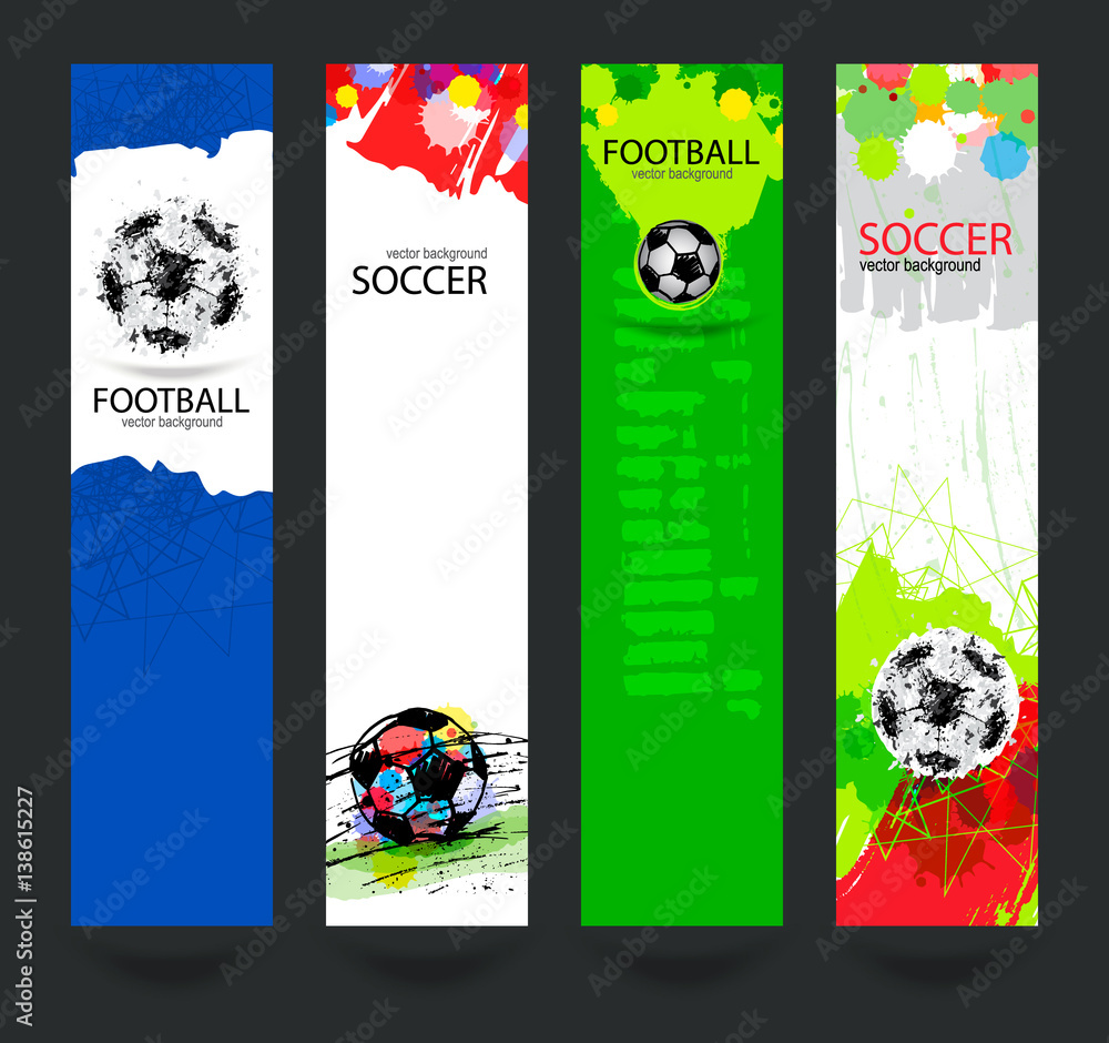 Set of bright banners for soccer. Grunge ball, hand-drawing textures ...