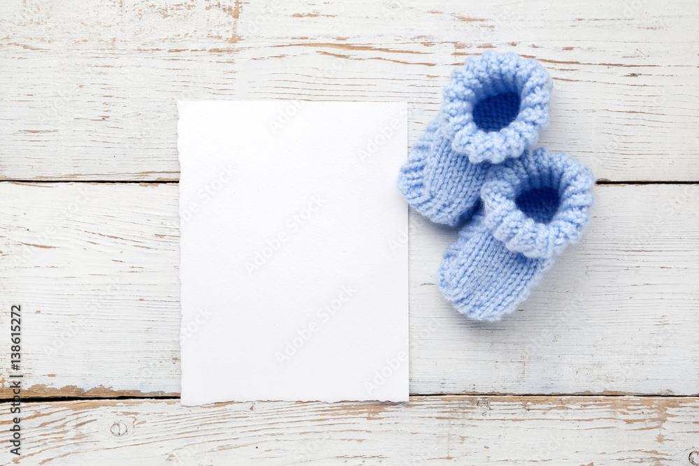 Greeting children form with blue booties Stock Photo | Adobe Stock