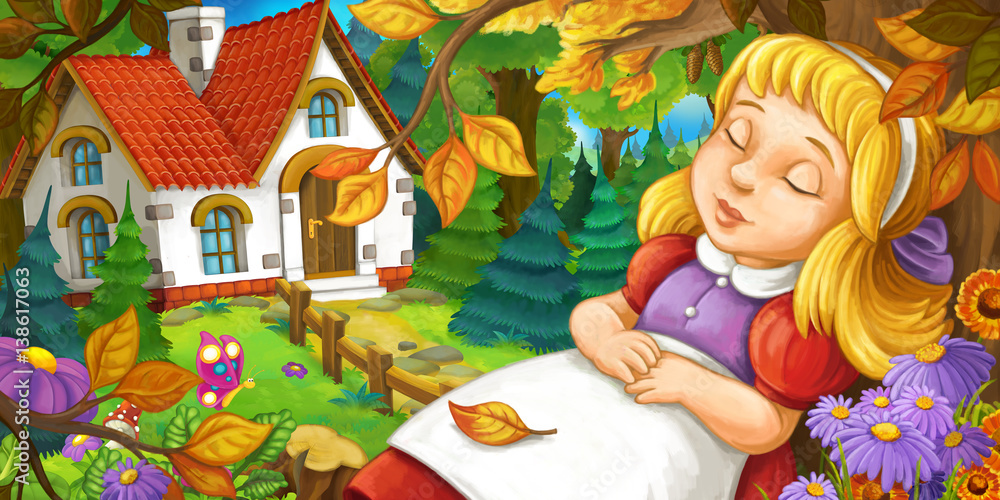 cartoon scene with young girl sleeping in the forest under the tree ...