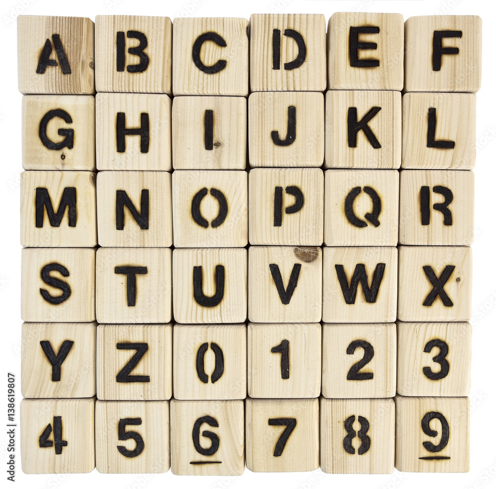 Square grid of wood burned alphabet blocks and numbers zero to nine ...