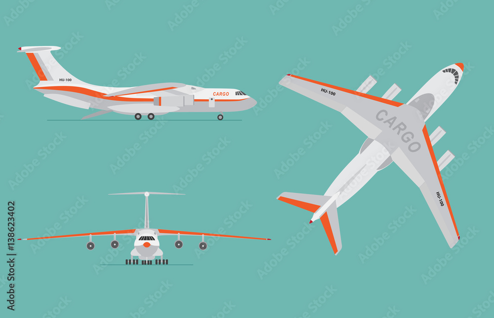 Cargo airplane on blue background. Airliner in top, side, front view ...