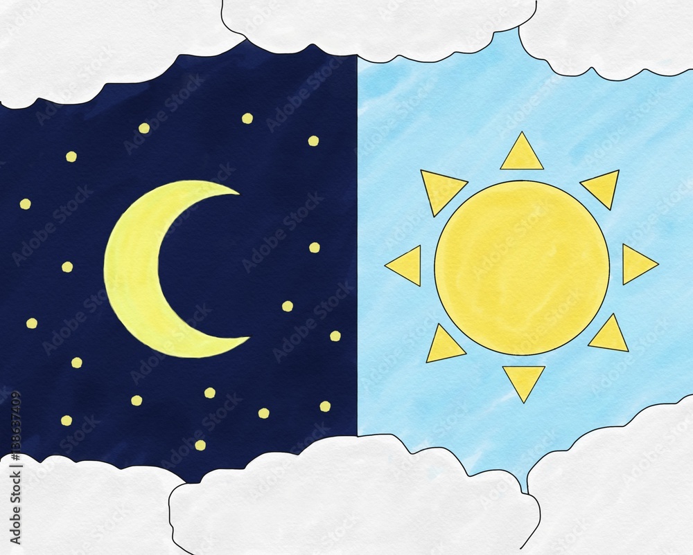 Abstract hand draw doodle moon on night sky and sun on sky background ...