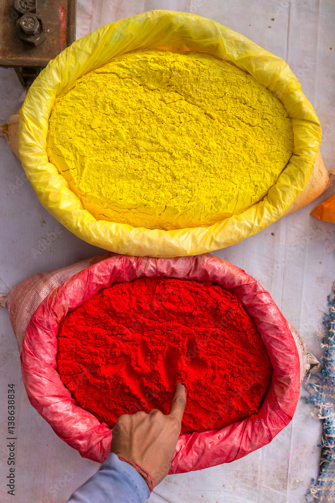 Colorful piles of powdered dyes used for Holi festival in India Stock ...