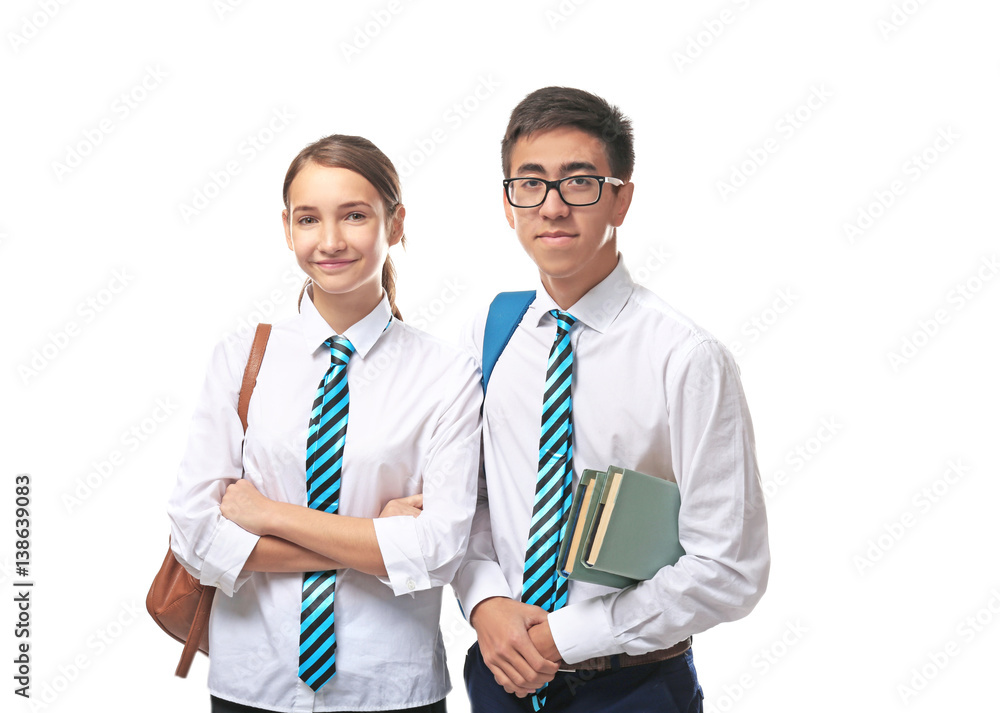 Classmates on white background Photos | Adobe Stock