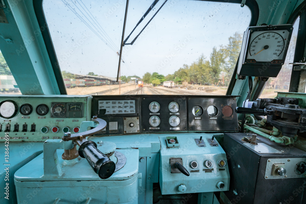 detail of cockpit diesel train in a station. Cockpit of a Public Thai ...