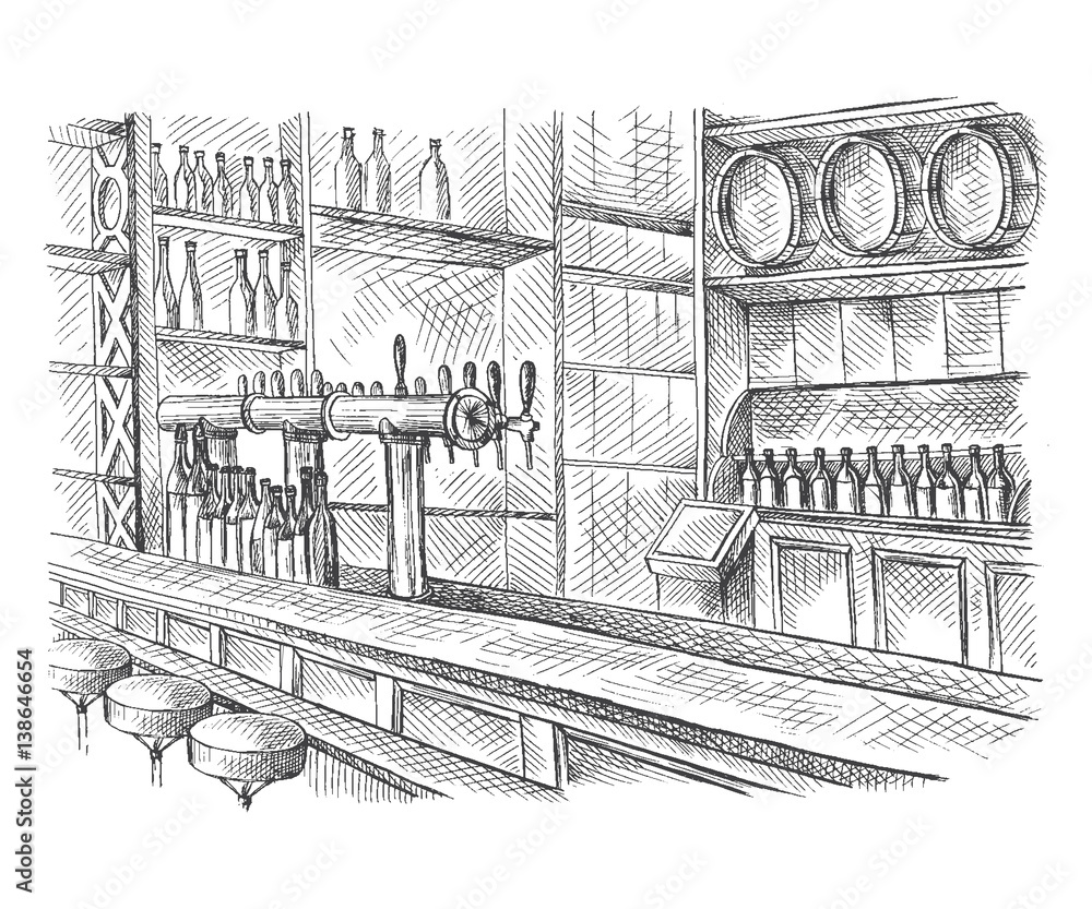 Beer bar pub, long table with chairs in graphic style vector ...