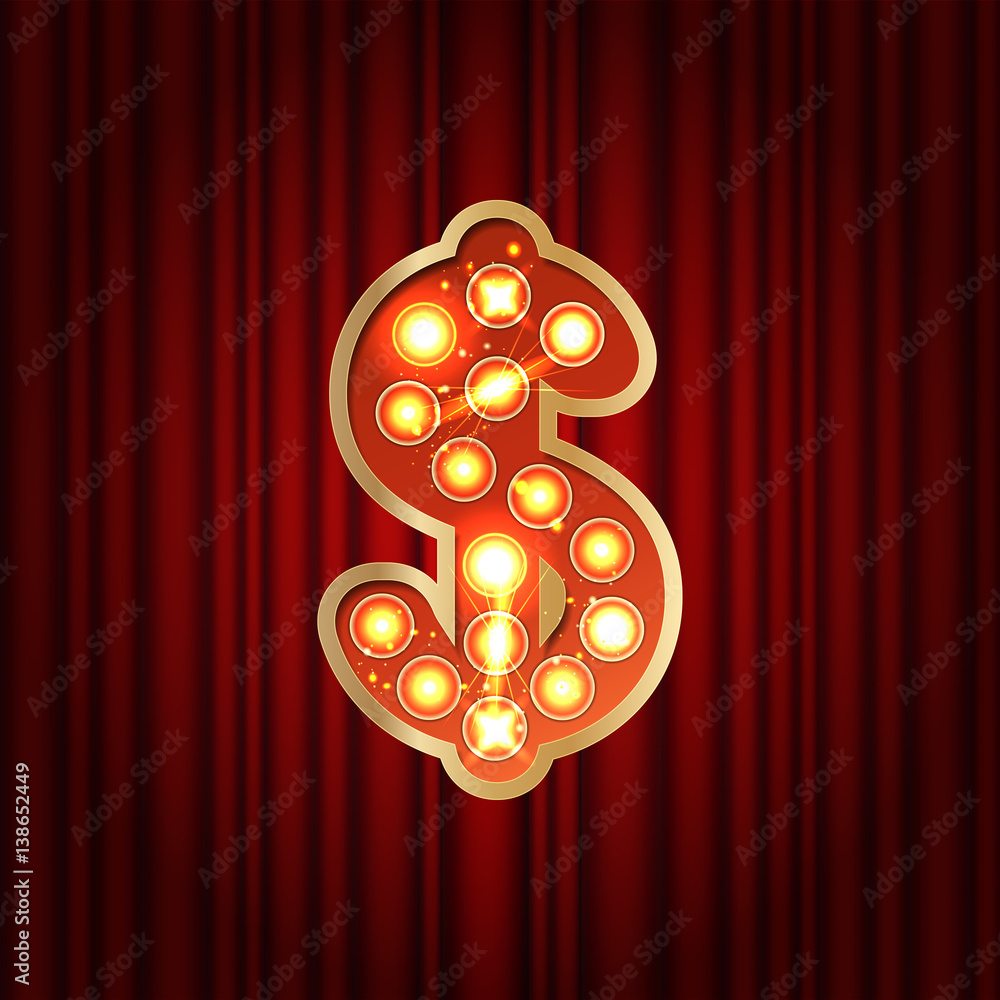 Realistic retro gold lamp bulb font money symbol dollar . Part of ...