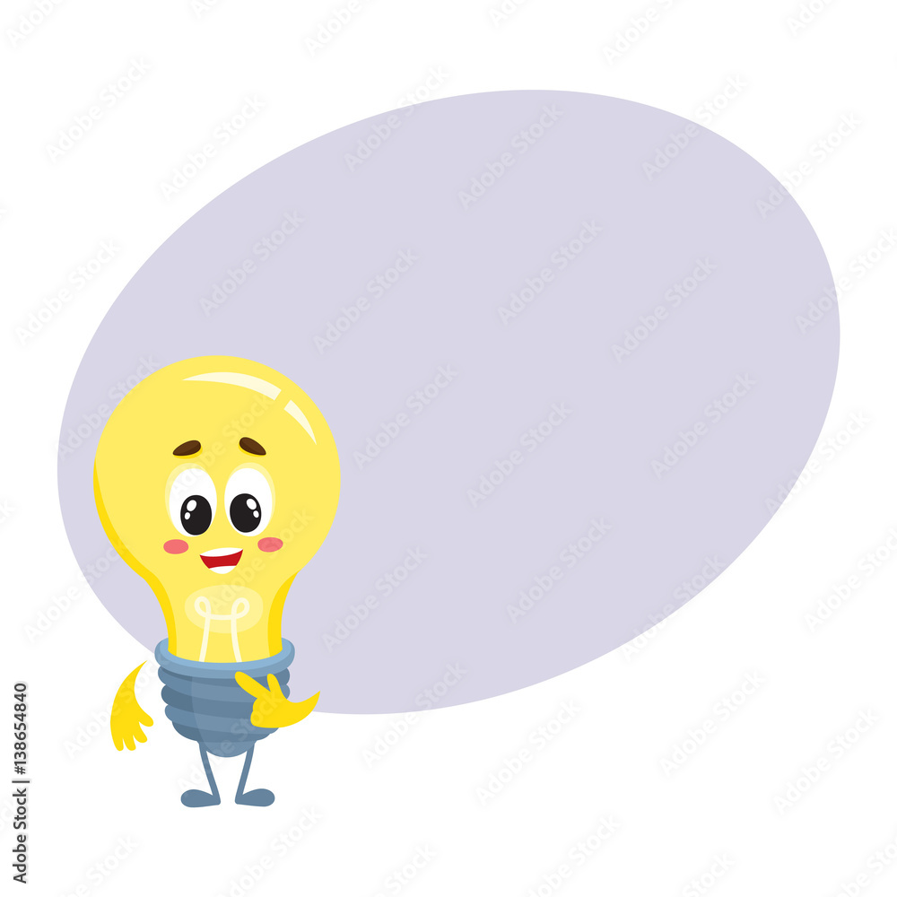 Cute light bulb character with funny face, showing thumb at themselves ...