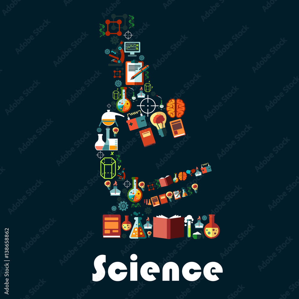 Science poster in microscope shape. Vector astronomy, chemistry ...
